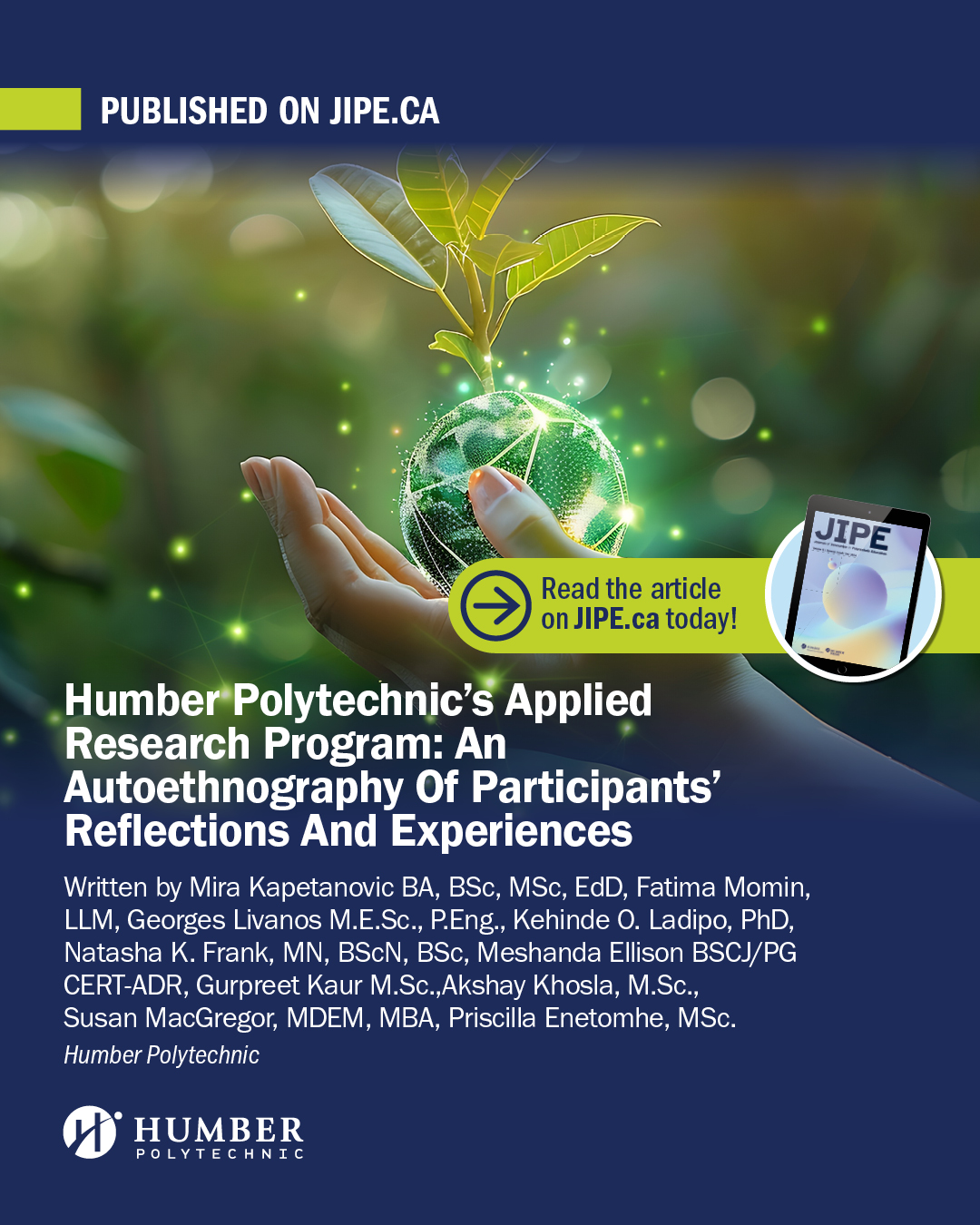 JIPE Article: Humber Polytechnic’s Applied Research Program - An Autoethnography of Participants ...